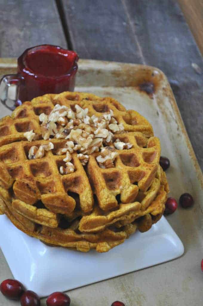 Vegan Pumpkin Walnut Waffles with Cranberry Maple Syrup - Rabbit and Wolves
