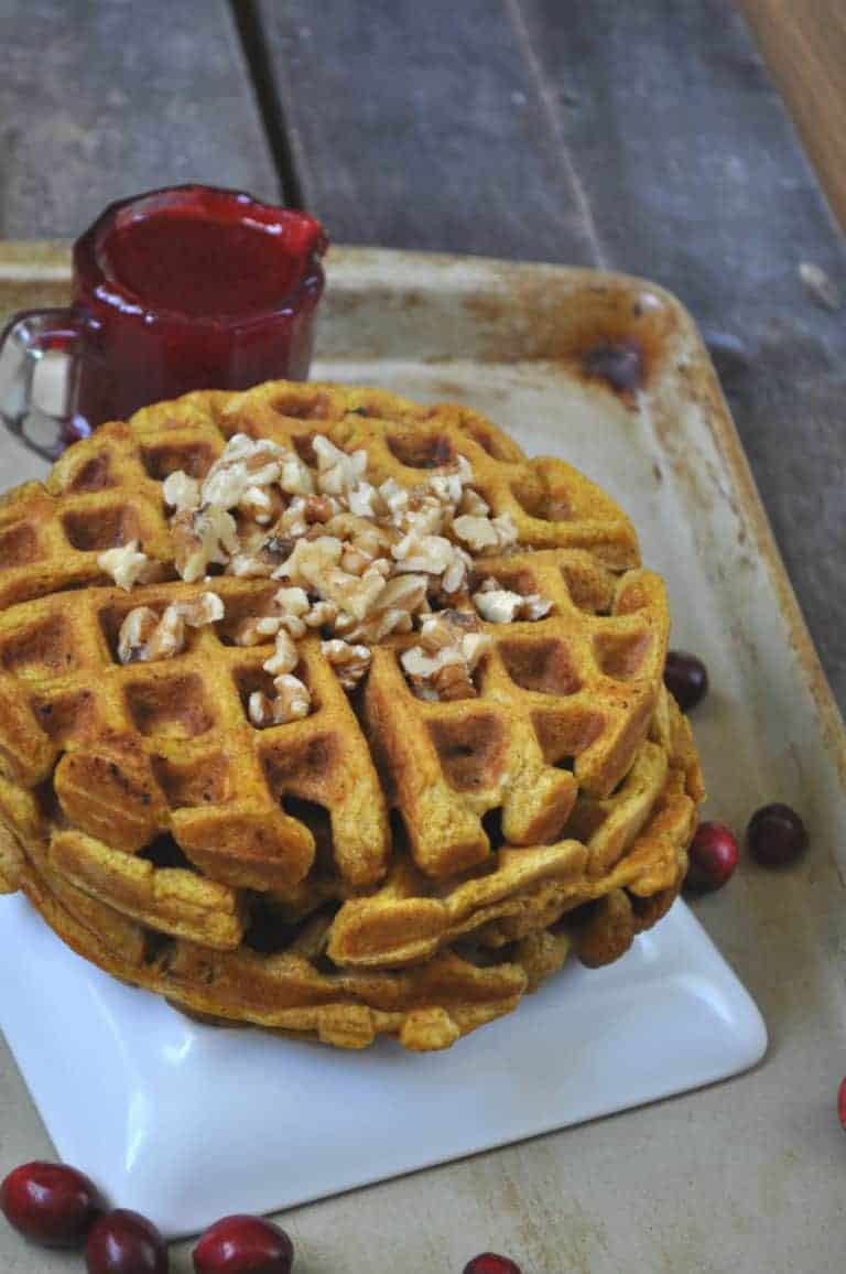 Vegan Pumpkin Walnut Waffles with Cranberry Maple Syrup - Rabbit and Wolves