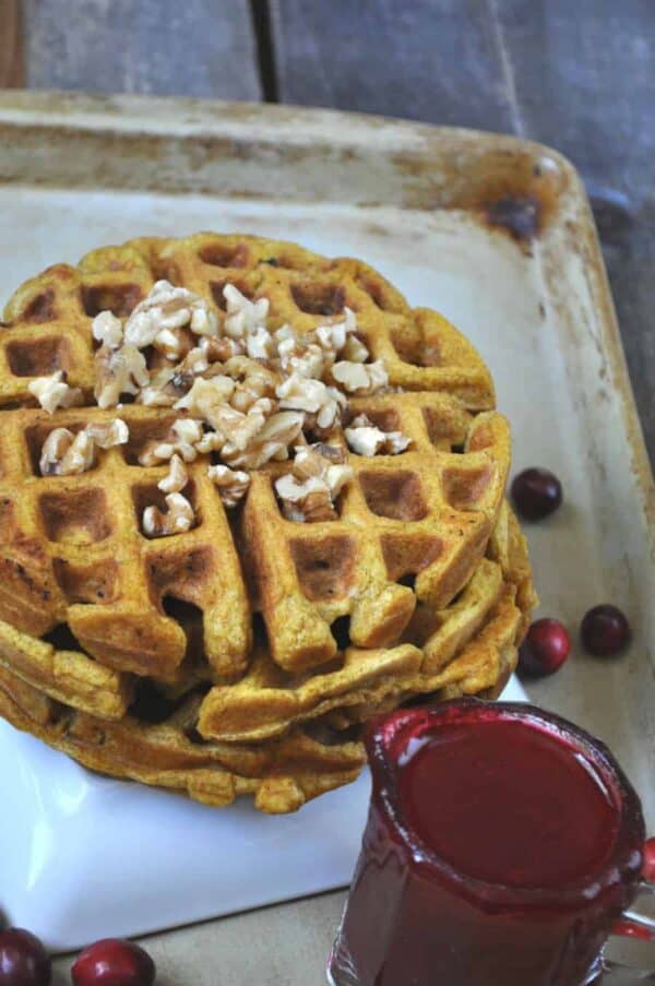 Vegan Pumpkin Walnut Waffles with Cranberry Maple Syrup - Rabbit and Wolves