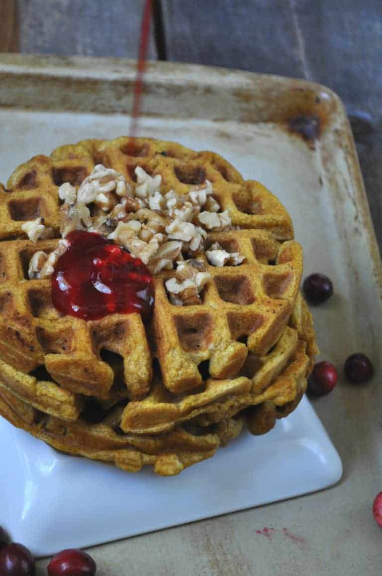 Vegan Pumpkin Walnut Waffles with Cranberry Maple Syrup - Rabbit and Wolves