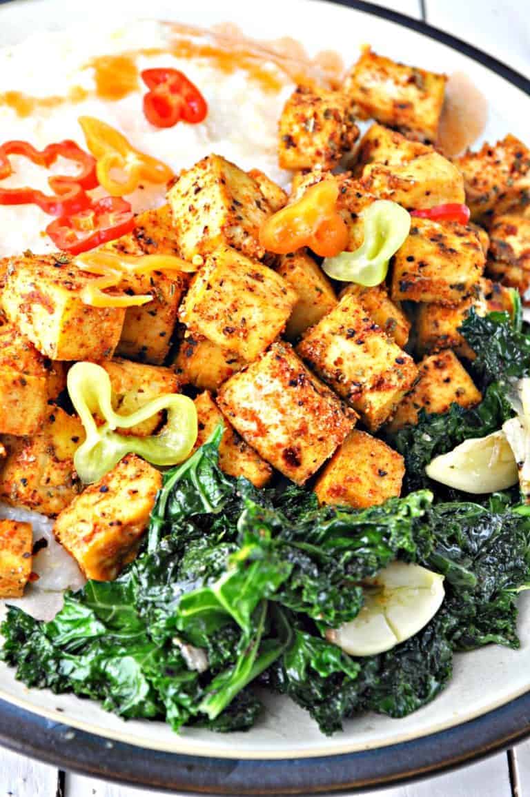 The Best Vegan Cajun Tofu with Creamy Grits and Greens - Rabbit and Wolves