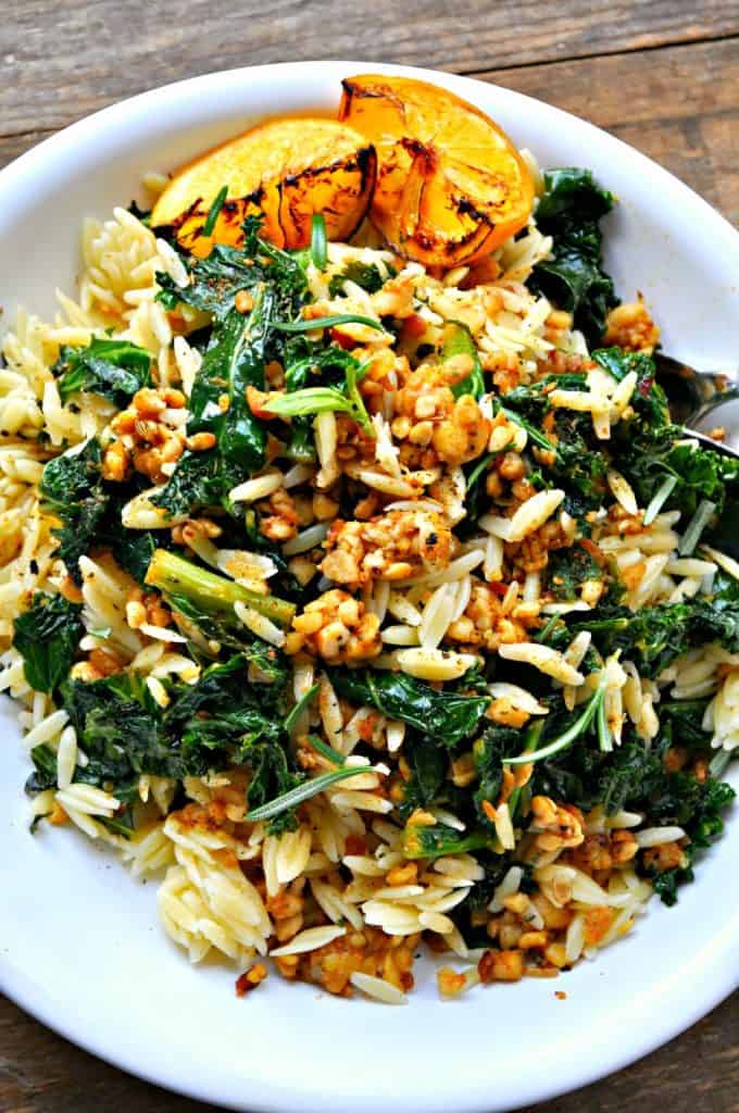 Vegan Lemony Sausage and kale Orzo - Rabbit and Wolves