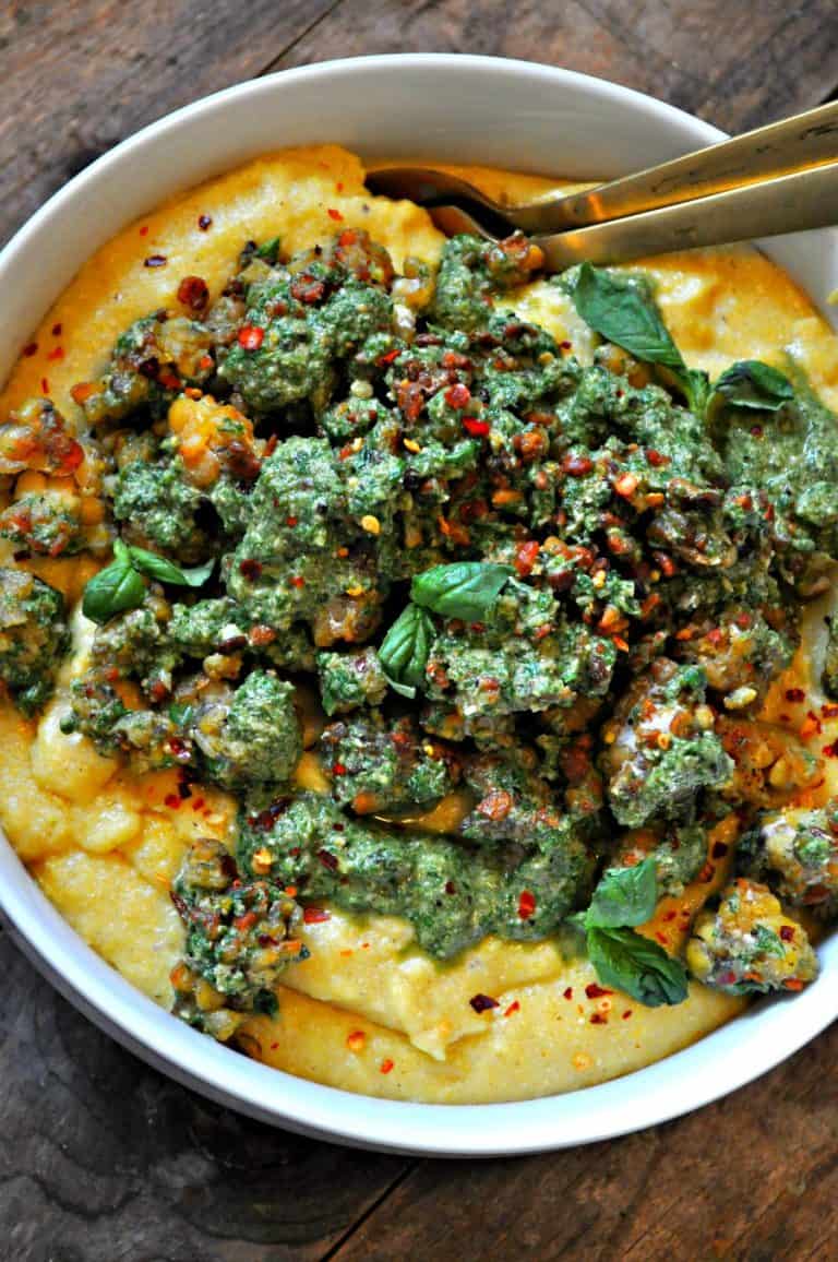 Vegan Crispy Pesto Tempeh with Parmesan Polenta - Rabbit and Wolves