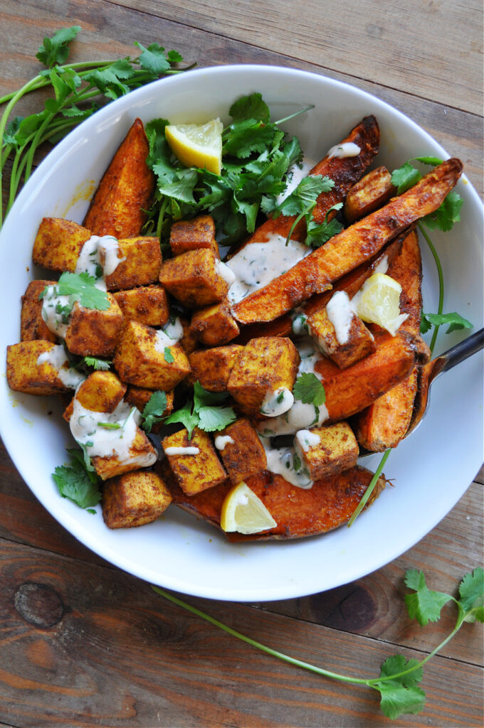 Vegan Moroccan Spiced Sheet Pan Tofu and Sweet Potatoes - Rabbit and Wolves