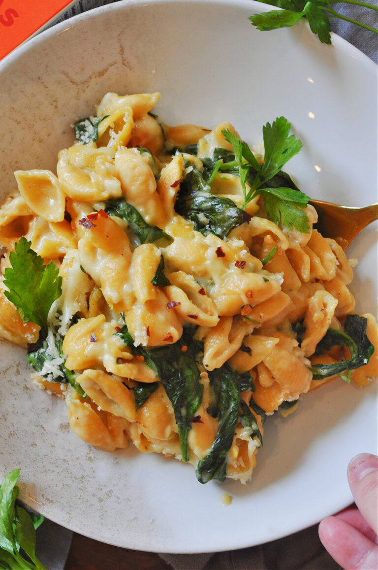 Easy Vegan Dump and Bake Spinach Dip Pasta - Rabbit and Wolves